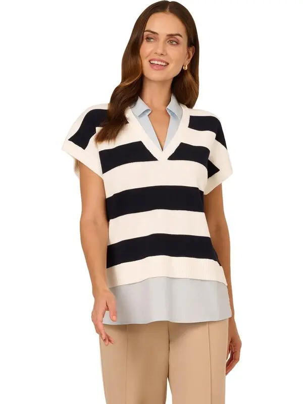 Adrianna Papell Striped Sweater Vest With Collared Shirting - Navy/ivory Stripe W/ Chambray