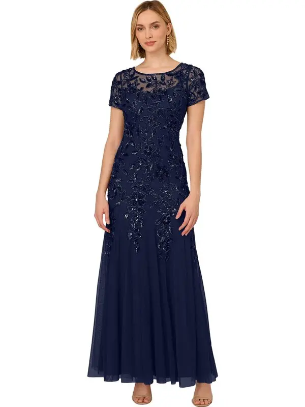 Adrianna Papell Hand Beaded Floral Godet Gown - Light Navy