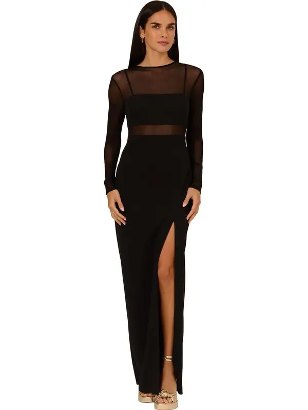 Adrianna Papell Long Sleeve Knit Crepe Mesh Illusion Column Dress - Black