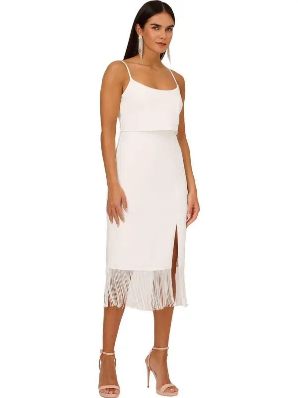 Adrianna Papell Crepe Popover Midi Dress With Fringe Trim - Ivory