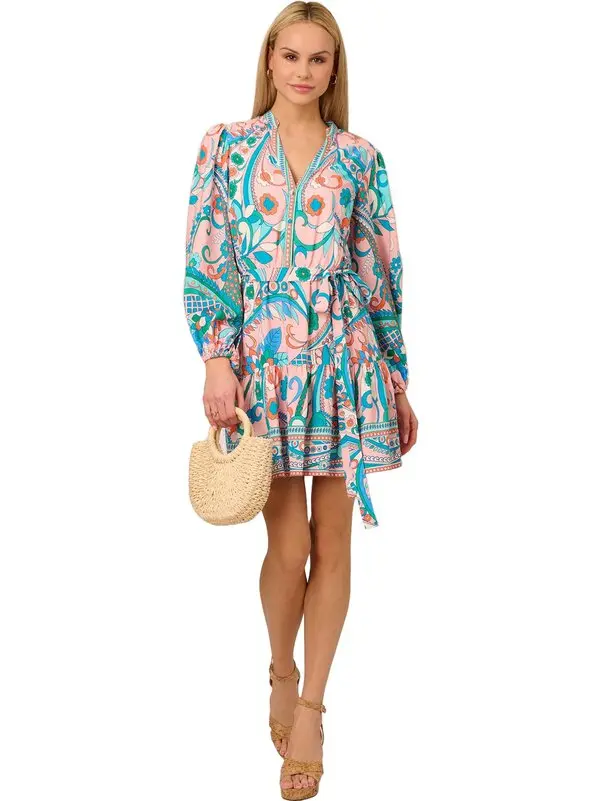 Adrianna Papell Long Sleeve Retro Printed A-line Mini Dress - Peach Multi