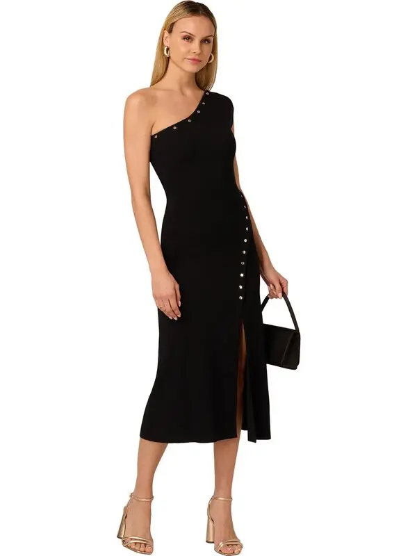 Adrianna Papell One-shoulder Studded Knit Midi Dress - Black