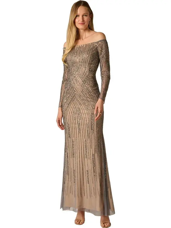 Adrianna Papell Hand Beaded Off-the-shoulder Gown - Sterling