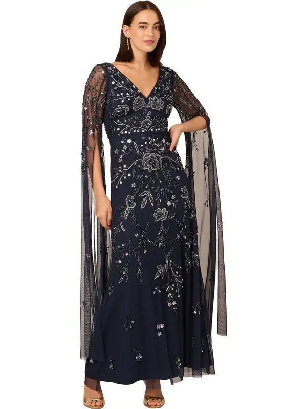 Adrianna Papell Split Sleeve Floral Beaded Gown - Navy/gunmetal