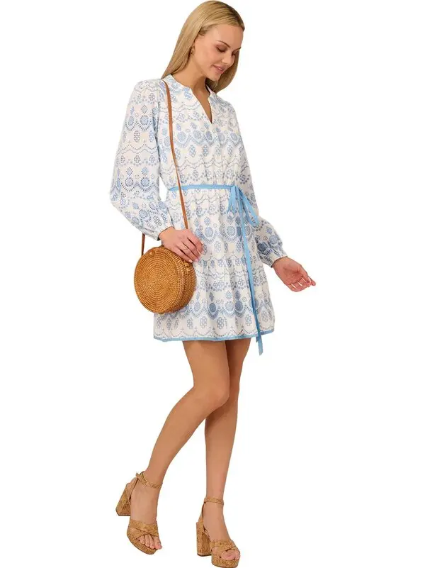 Adrianna Papell Long Sleeve Flounce Eyelet Shirt Dress - Light Blue/ivory