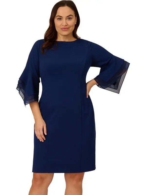 Adrianna Papell Knit Crepe Sheath Dress With Tiered Sleeves - Navy Sateen
