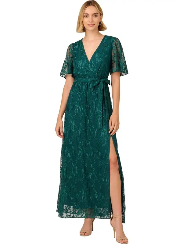 Adrianna Papell Embroidered Lace Maxi Dress - Hunter