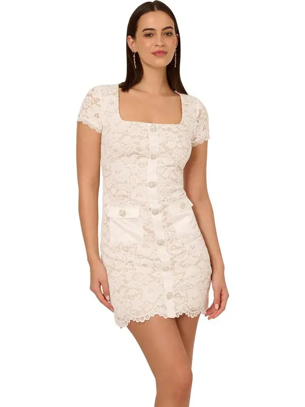 Adrianna Papell Cap-sleeve Rhinestone Button Lace Short Dress - Ivory