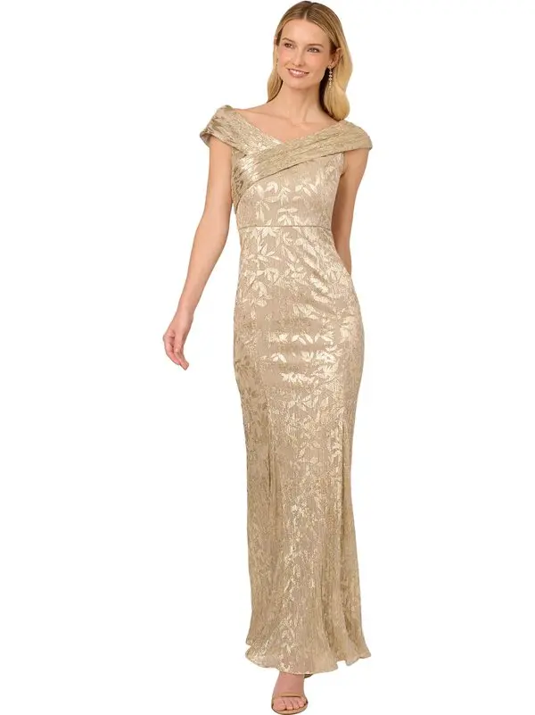 Adrianna Papell Off-the-shoulder Foil Leaf Mermaid Gown - Champagne/gold