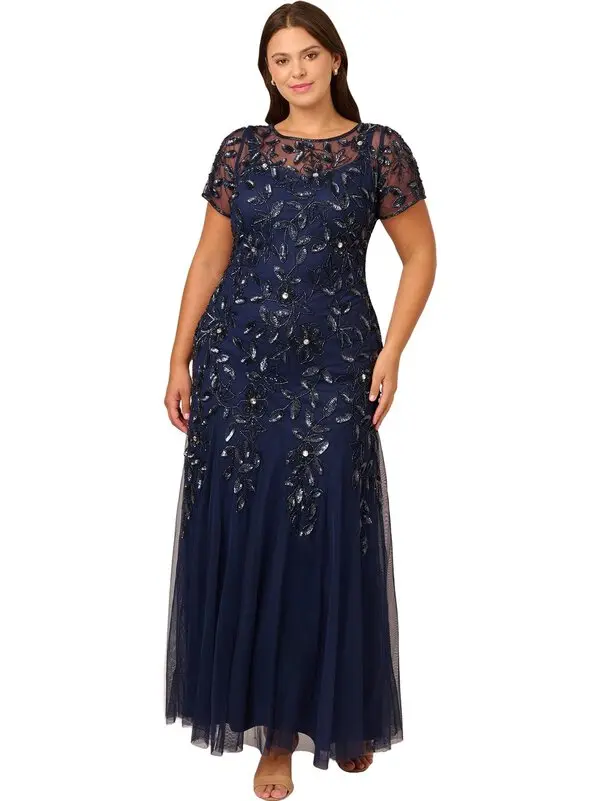 Adrianna Papell Hand Beaded Floral Godet Gown - Light Navy