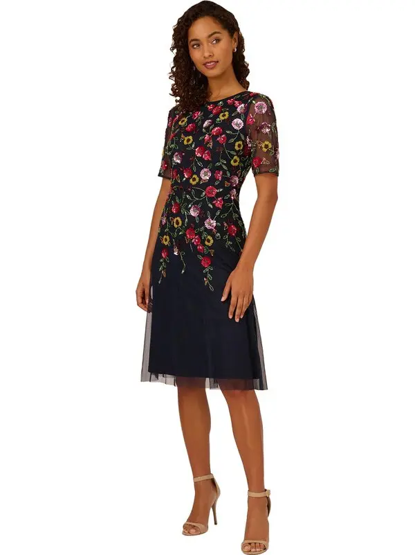 Adrianna Papell Short Sleeve Floral Beaded Midi Dress - Navy Multi