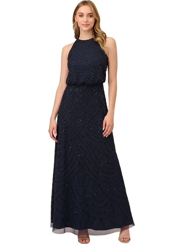 Adrianna Papell Art Deco Beaded Blouson Gown With Halter Neckline - Navy/black
