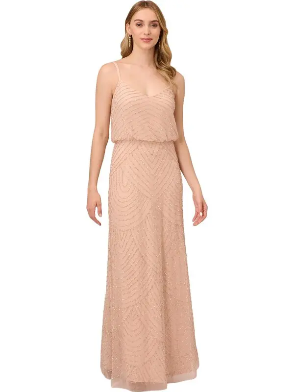 Adrianna Papell Art Deco Beaded Blouson Gown - Blush