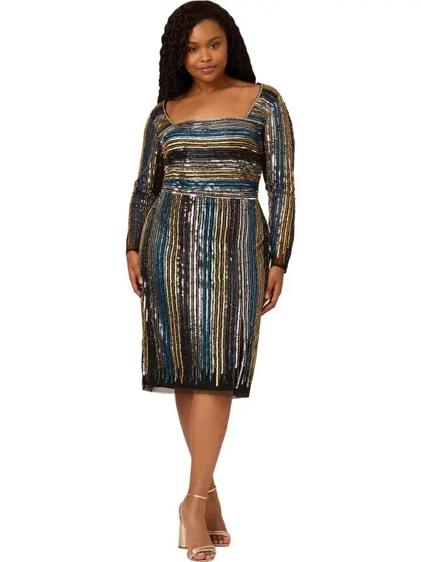 Adrianna Papell Sequin Beaded Sheath Dress With Sheer Long Sleeves - Black/blue Multi