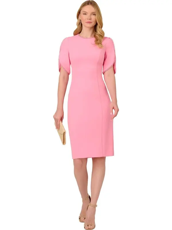 Adrianna Papell Crepe Sheath Midi Dress With Pearl Sleeves - Cherry Blossom