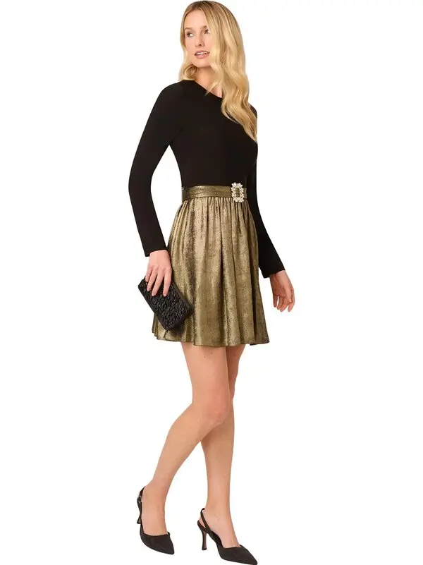 Adrianna Papell Jersey Metallic Combo Short Dress - Black/gold