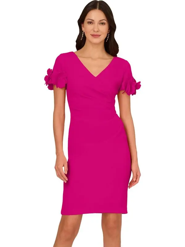 Adrianna Papell Crepe Faux Wrap Sheath Dress With Floral Accent Short Sleeves - Pink Flambe