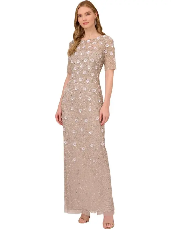 Adrianna Papell Hand Beaded Floral Sheath Gown - Marble