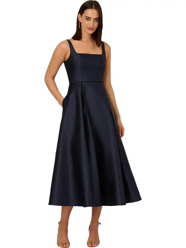 Adrianna Papell Mikado Sleeveless Square Neck Midi Dress - Midnight