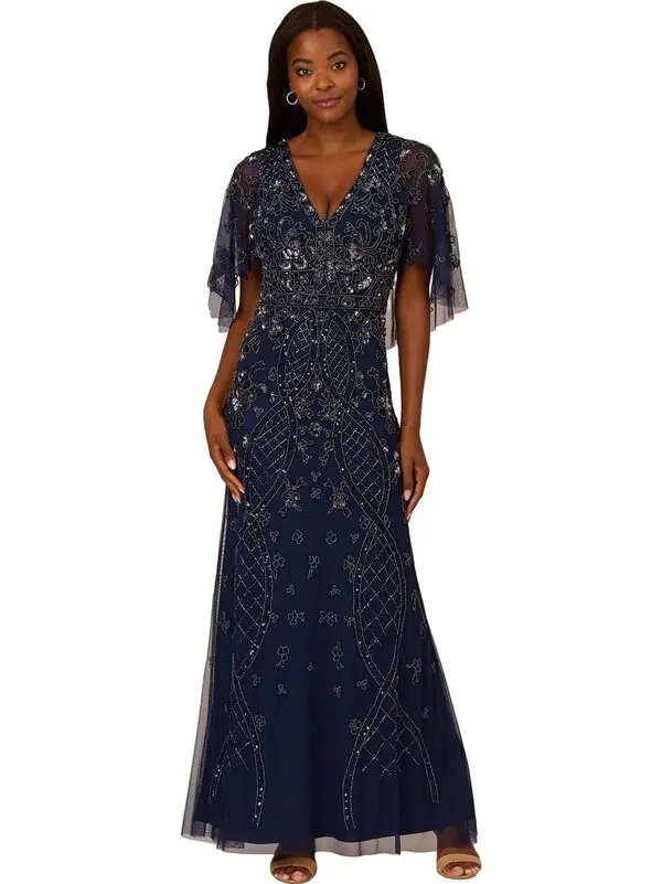 Adrianna Papell Sequin Beaded Gown With Cape Sleeves - Light Navy