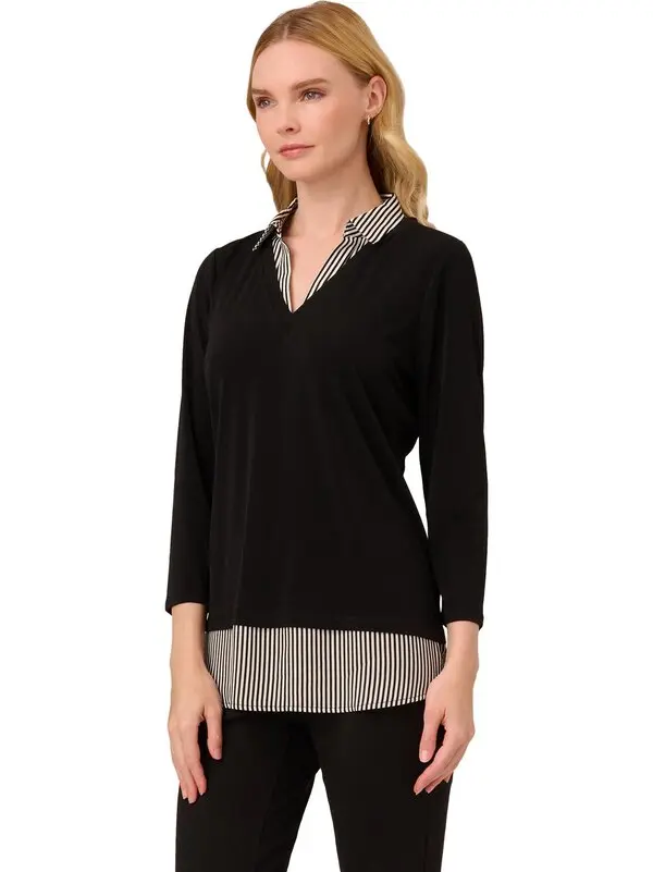 Adrianna Papell Striped-trim V-neck Sweater - Blackw/black/ivorysmall Stripe