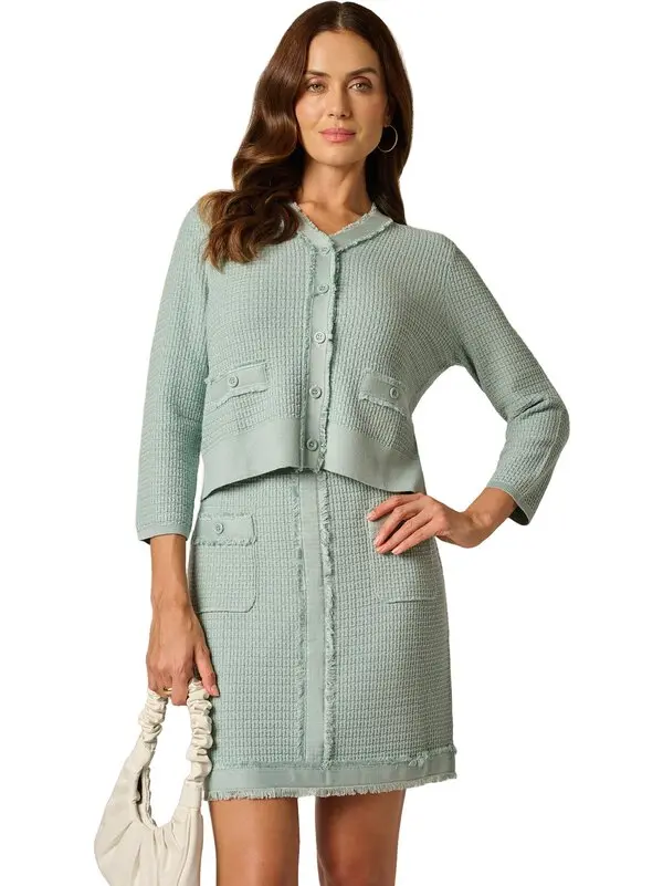Adrianna Papell Waffle Knit Cardigan With Frayed Edges - Dusty Seamist