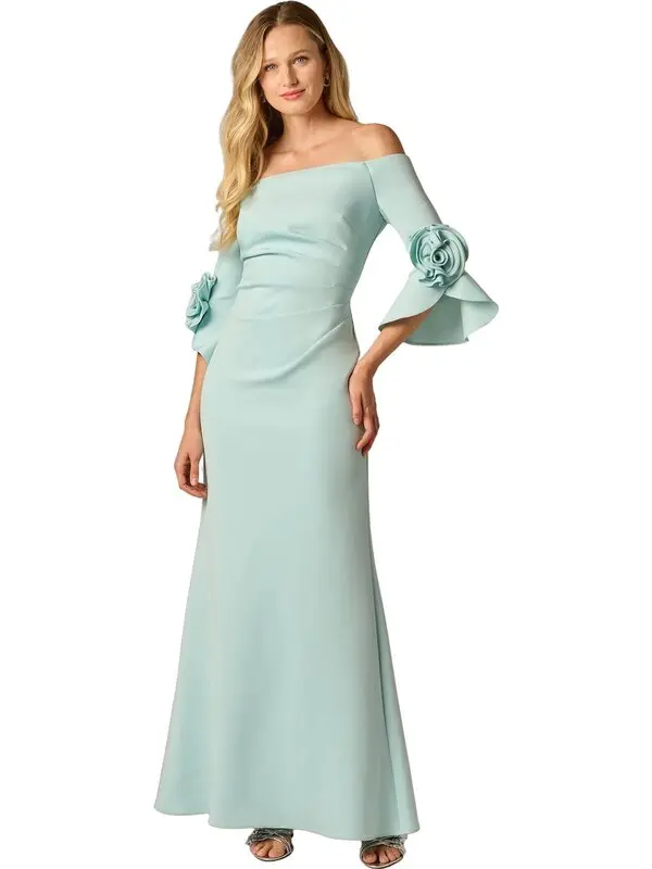 Adrianna Papell Off-shoulder Bell Sleeve Rosette Gown - Airy Aqua