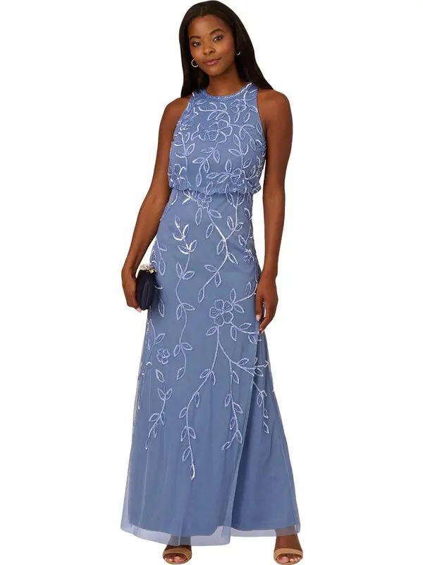 Adrianna Papell Sleeveless Blouson Mermaid Gown With Beading - French Blue