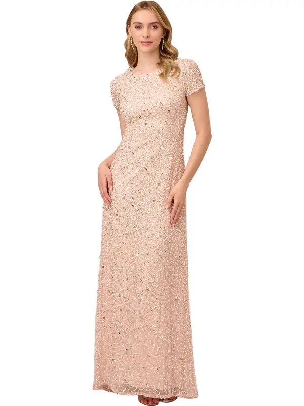 Adrianna Papell Sequin Evening Gown With Scoop Back - Blush