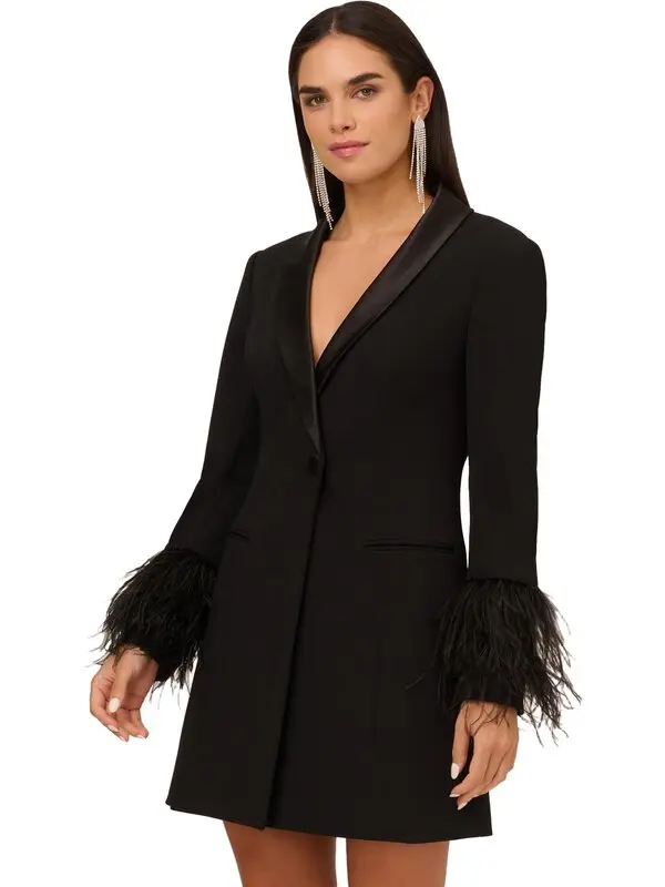 Adrianna Papell Knit Crepe Long Sleeve Blazer Dress With Feather Trim - Black
