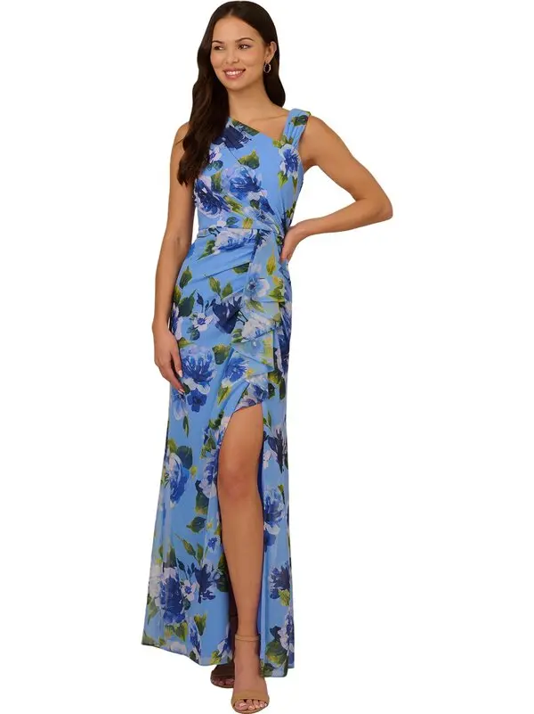 Adrianna Papell Asymmetrical Draped Floral Chiffon Gown - Blue Multi