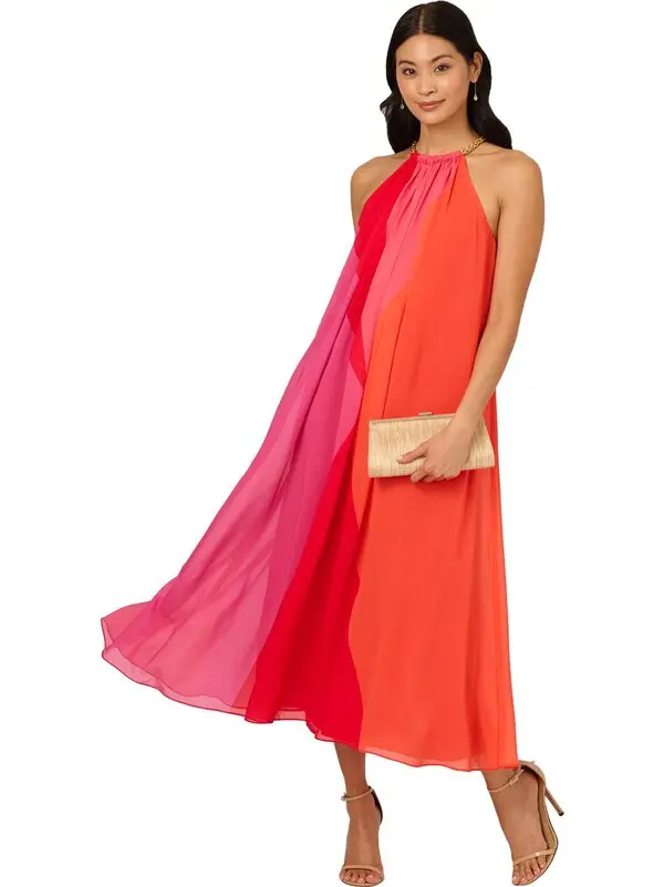 Adrianna Papell Color Block Chiffon Trapeze Dress With Chain Halter Neckline - Red Multi