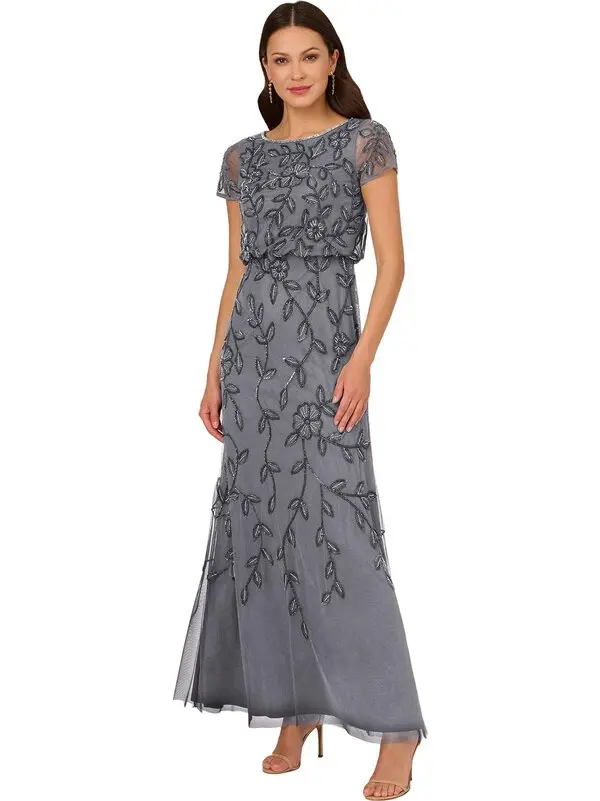 Adrianna Papell Jasmine Beaded Blouson Gown With Sheer Short Sleeves - Dusty Blue