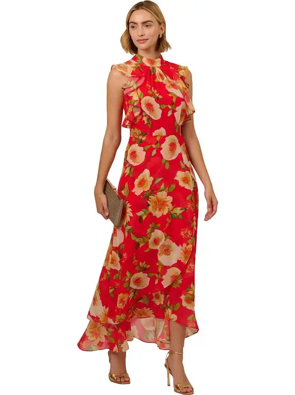 Adrianna Papell Printed Chiffon Mock Neck Ankle Dress - Coral Multi