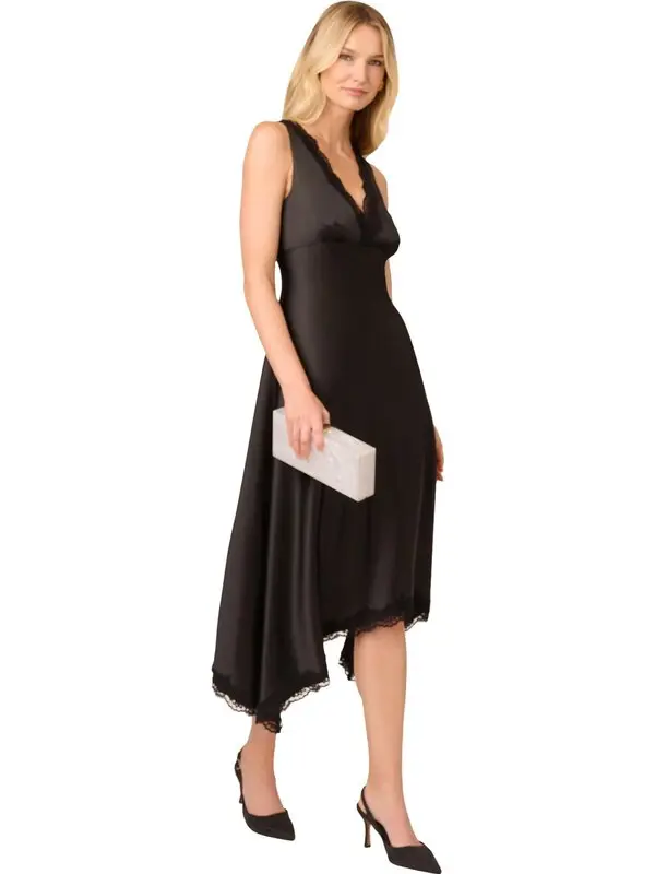 Adrianna Papell Satin Lace Trim Midi Slip Dress - Black