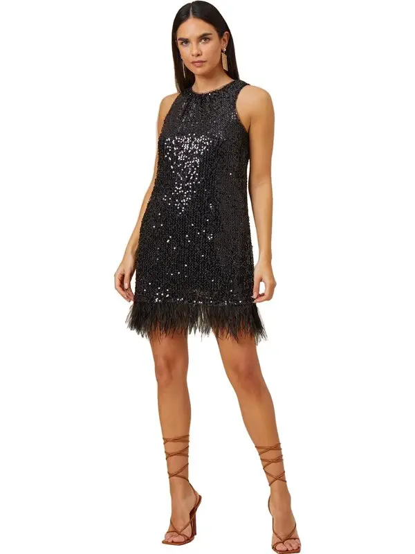 Adrianna Papell Sequined Halter Trapeze Dress With Feather Trim - Black
