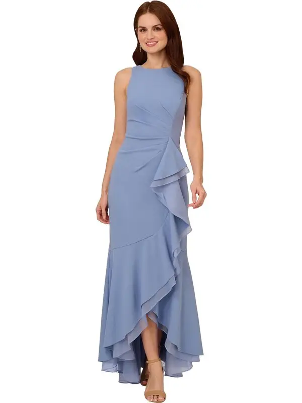 Adrianna Papell High-low Crepe Halter Gown With Organza Draping - French Blue
