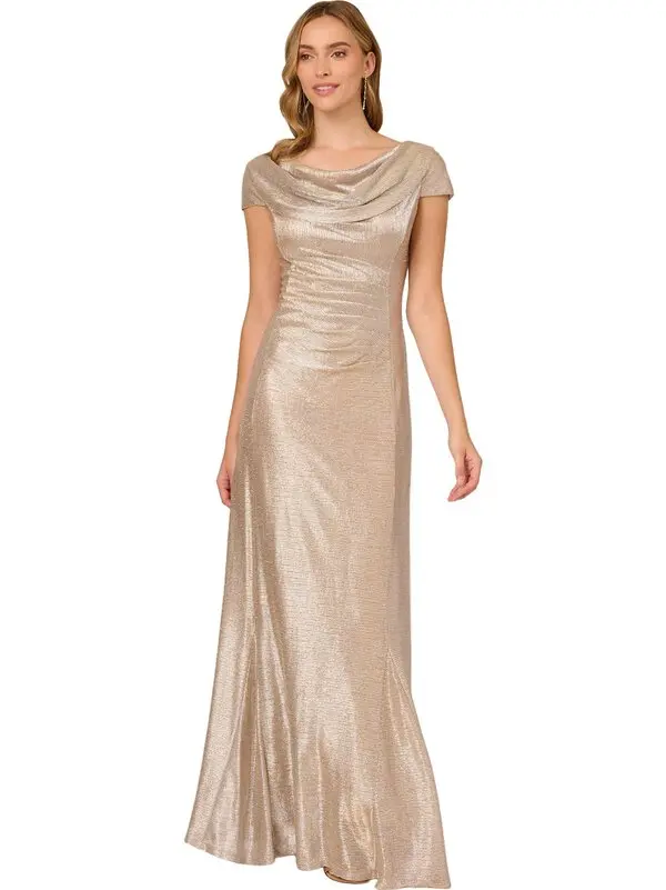 Adrianna Papell Metallic Foil Knit Draped Long Gown - Alabaster