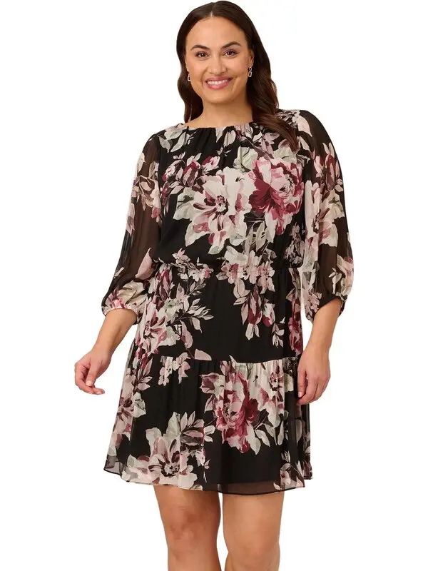 Adrianna Papell Floral Chiffon 3/4 Sleeve Dress - Black Multi