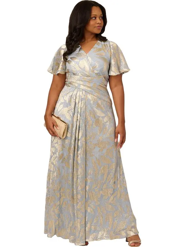 Adrianna Papell Foil Leaf Short Sleeve Gown With Draped Details - Light Blue/gold