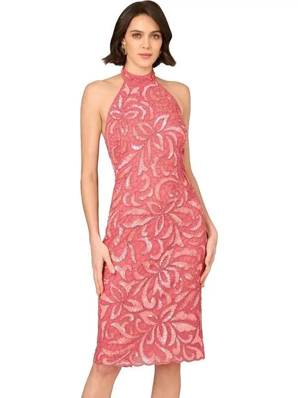 Aidan Mattox Beaded Halter Midi Sheath Dress - Summer Rose