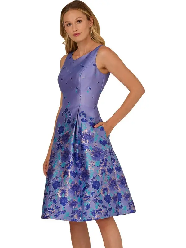 Adrianna Papell Sleeveless Floral Jacquard Fit And Flare Midi Dress - Blue Multi