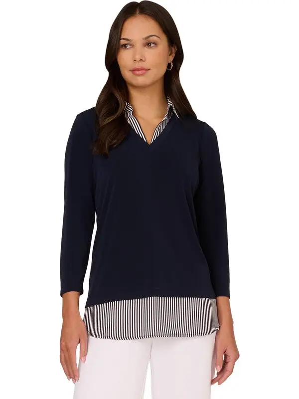 Adrianna Papell Three Quarter Sleeve Sweater With Striped Accents - Navy W/ Navy/ivry Small Stripe