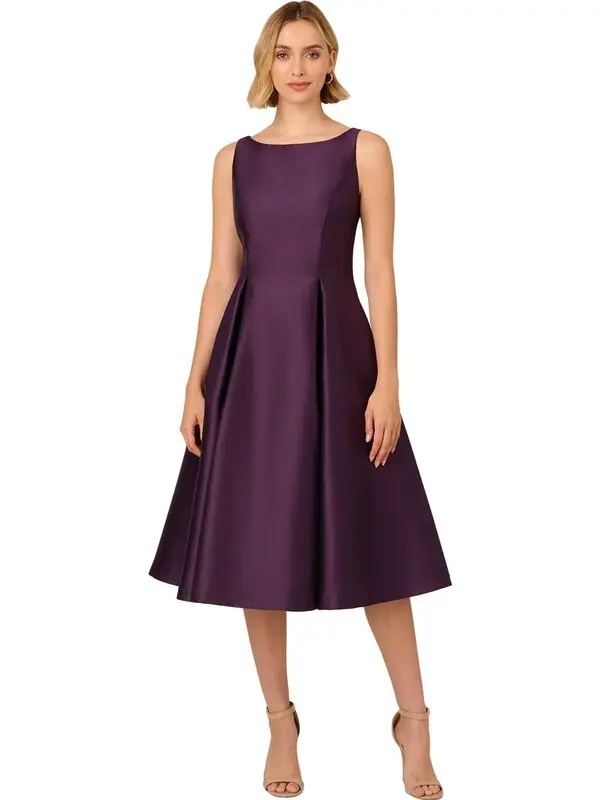 Adrianna Papell Sleeveless Mikado Fit And Flare Midi Dress With V-back - Luxe Plum