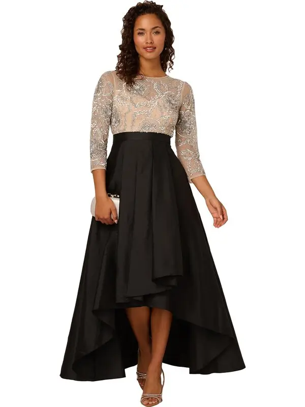 Adrianna Papell Beaded Taffeta Combo Gown - Black/silver