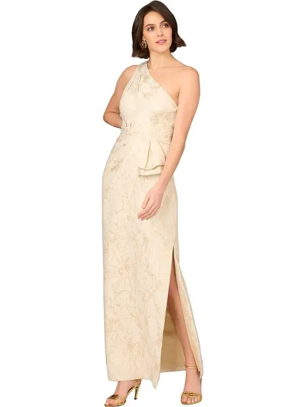 Aidan Mattox One-shoulder Metallic Jacquard Column Gown - Light Gold