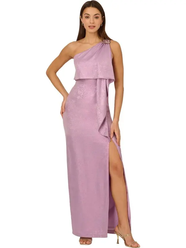 Adrianna Papell One Shoulder Foil Draped Popover Gown - Light Purple