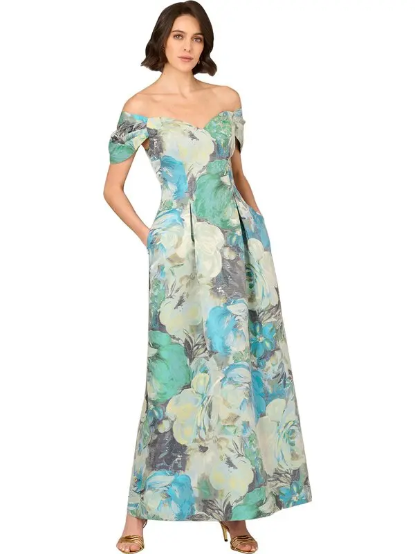 Aidan Mattox Off Shoulder Floral Jacquard Pleated Gown - Blue Multi