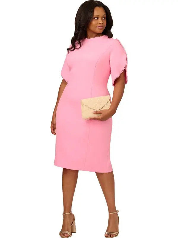 Adrianna Papell Crepe Midi Sheath Dress With Pearl Trimmed Sleeves - Cherry Blossom