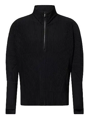 Issey Miyake Quarter-zip Pleated Knitted Top - Black